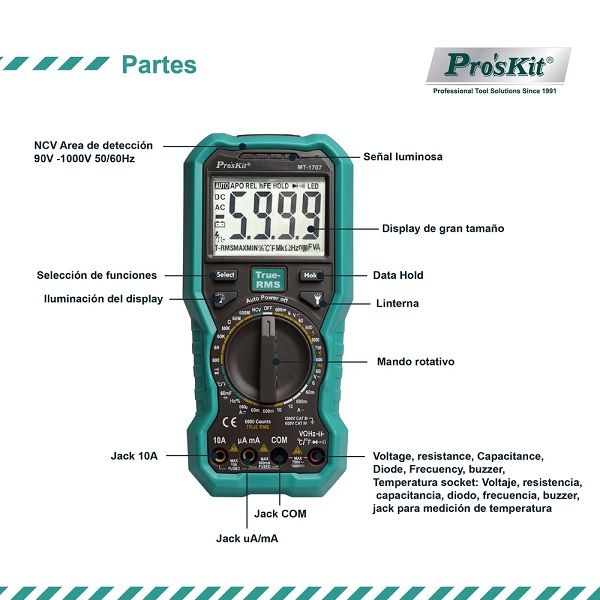 Electrónica Mendoza. TESTER DIGITAL PROSKIT RMS/NCV MT-1707